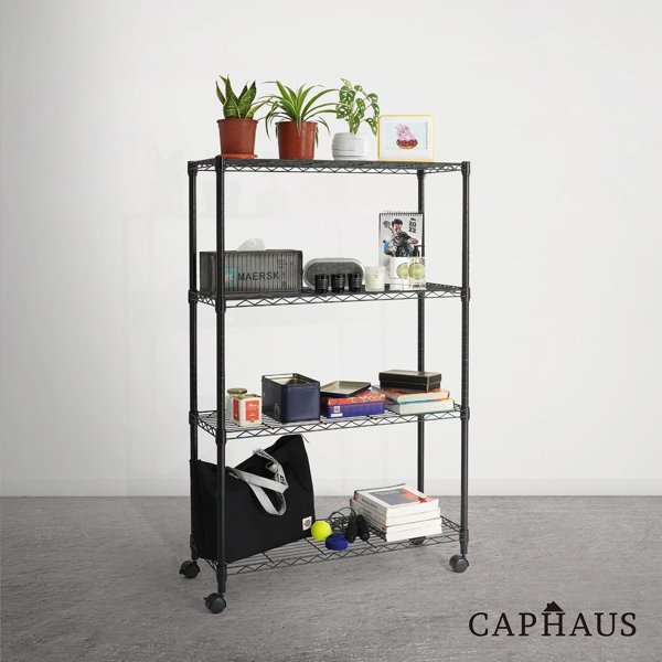 CAPHAUS Adjustable Height Wire Shelving Unit, Wire Rack, 4-Tier With Wheels, Black | Wayfair